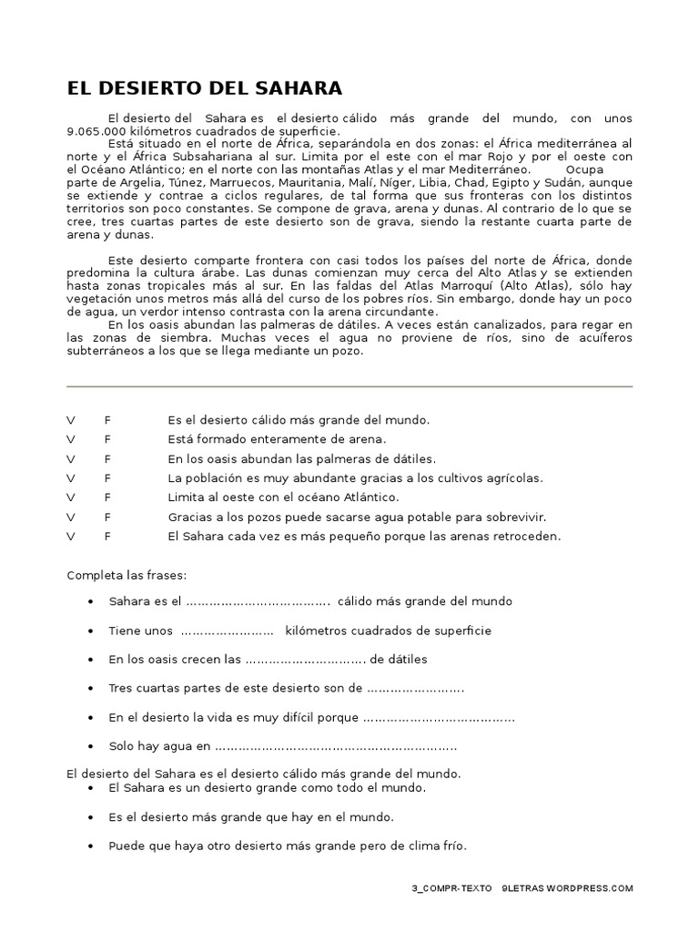 Actividad Comprensión Lectura | PDF | Desierto | Sáhara