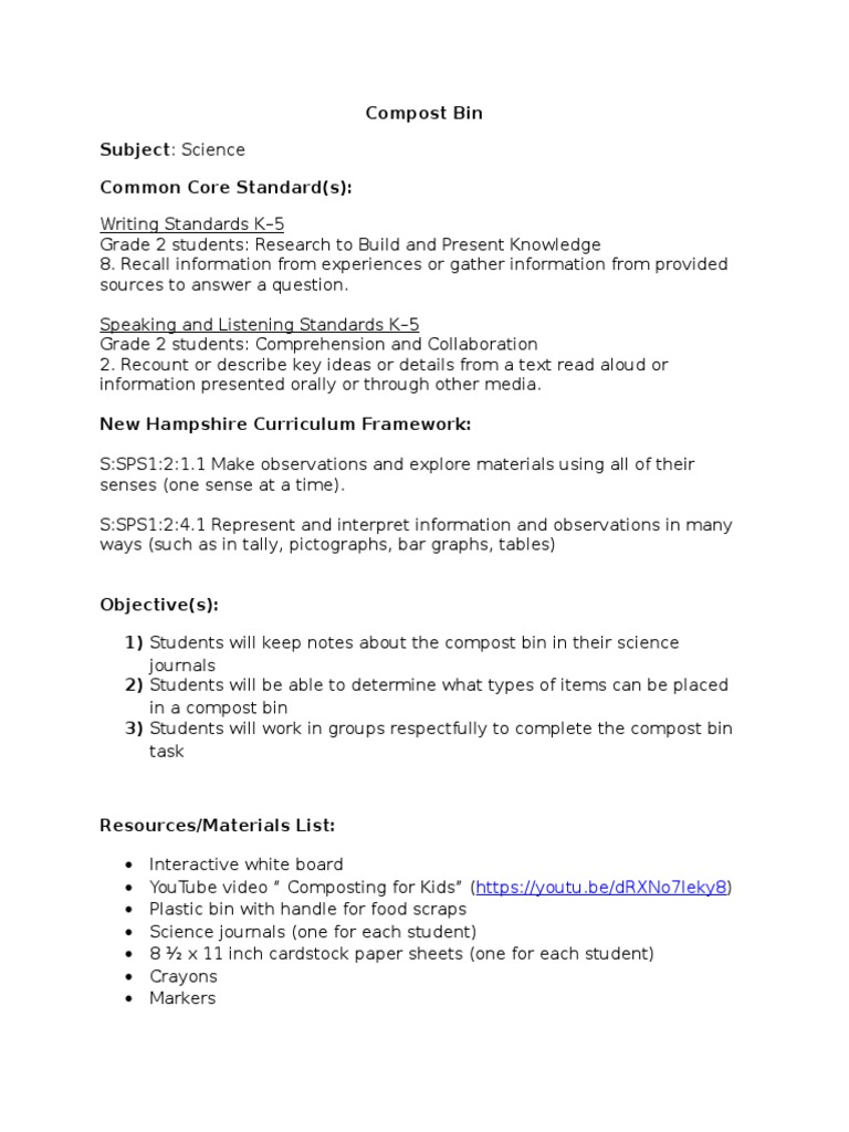 Compost Bin Lesson Plan | PDF | Educational Assessment | Classroom