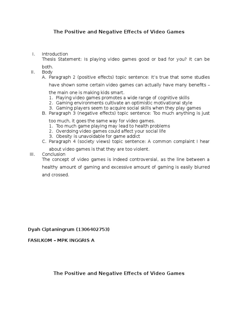 The Positive and Negative Effects of Video Games - Outline | PDF ...