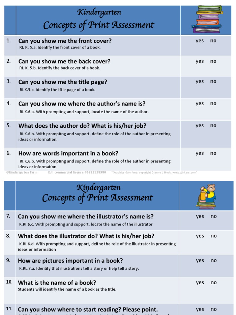 Concepts of Print Assessment: Kindergarten | PDF | Intellectual Works ...
