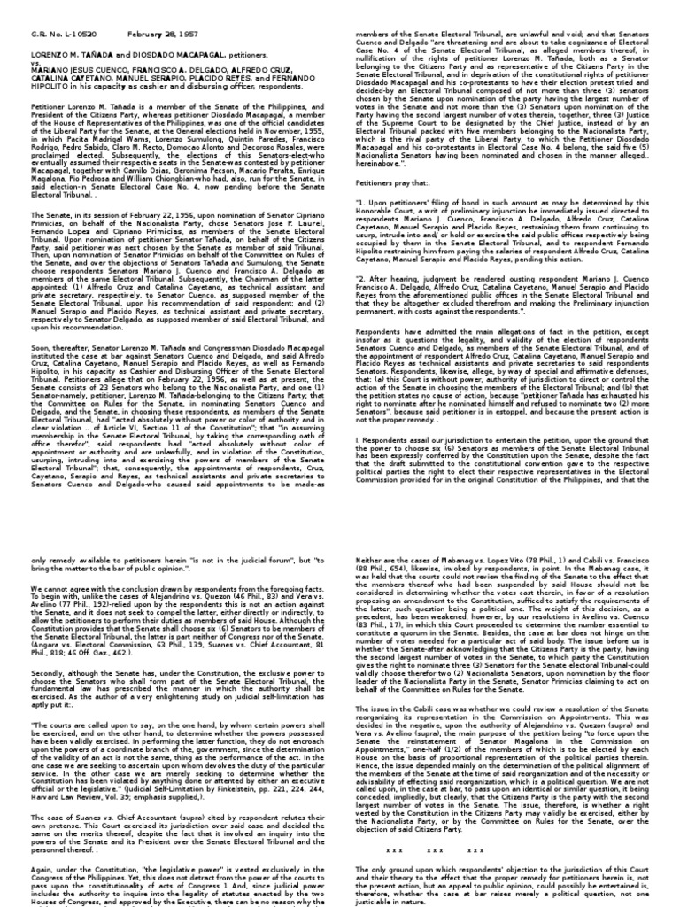 Lorenzo Tanada vs. Mariano Cuenco, G.R. No. L-10520, February 28, 1957 ...