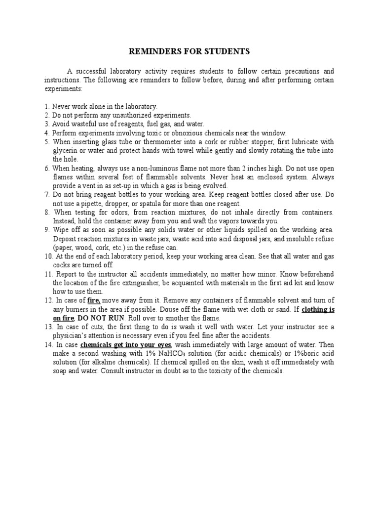 Laboratory Safety Reminders for Students | PDF