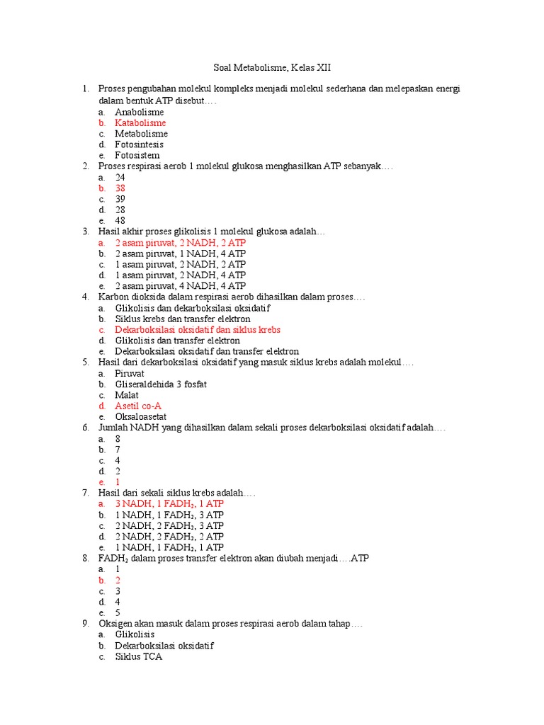Soal Metabolisme, Kelas XII | PDF