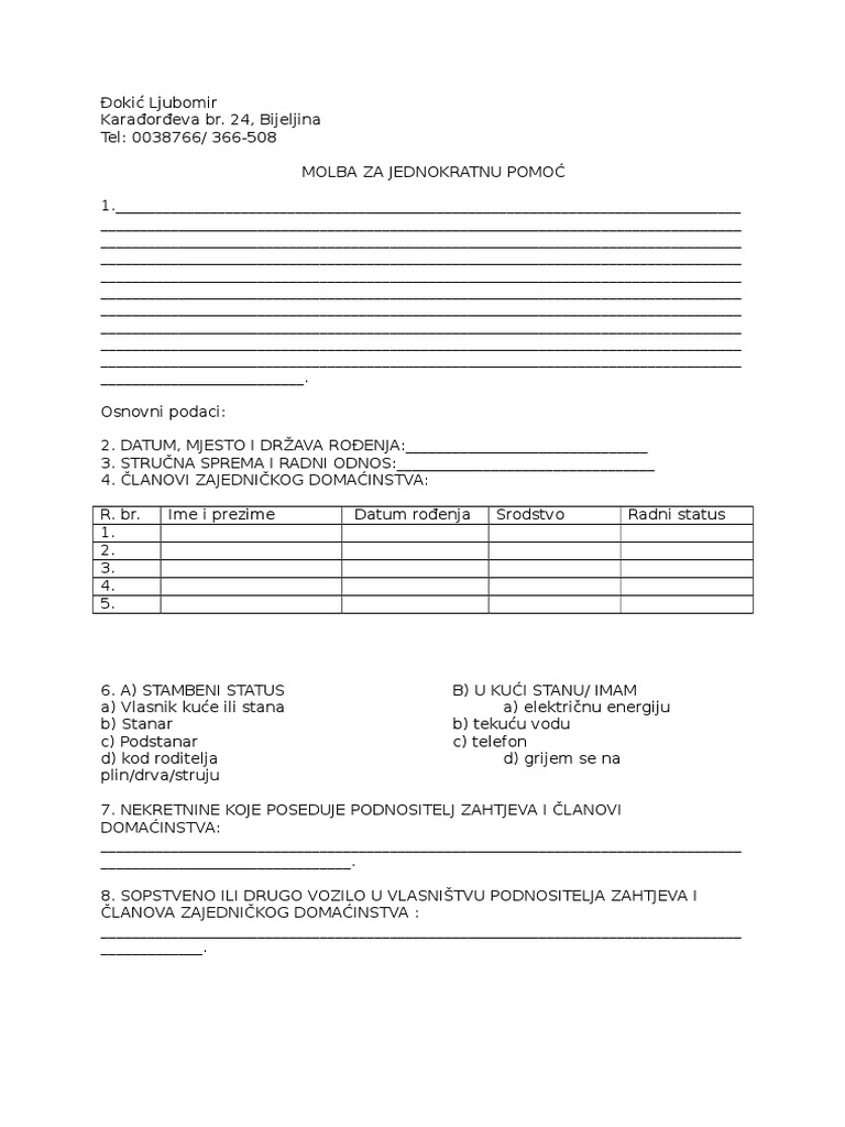 MOLBA Za Jednokratnu Pomoc | PDF
