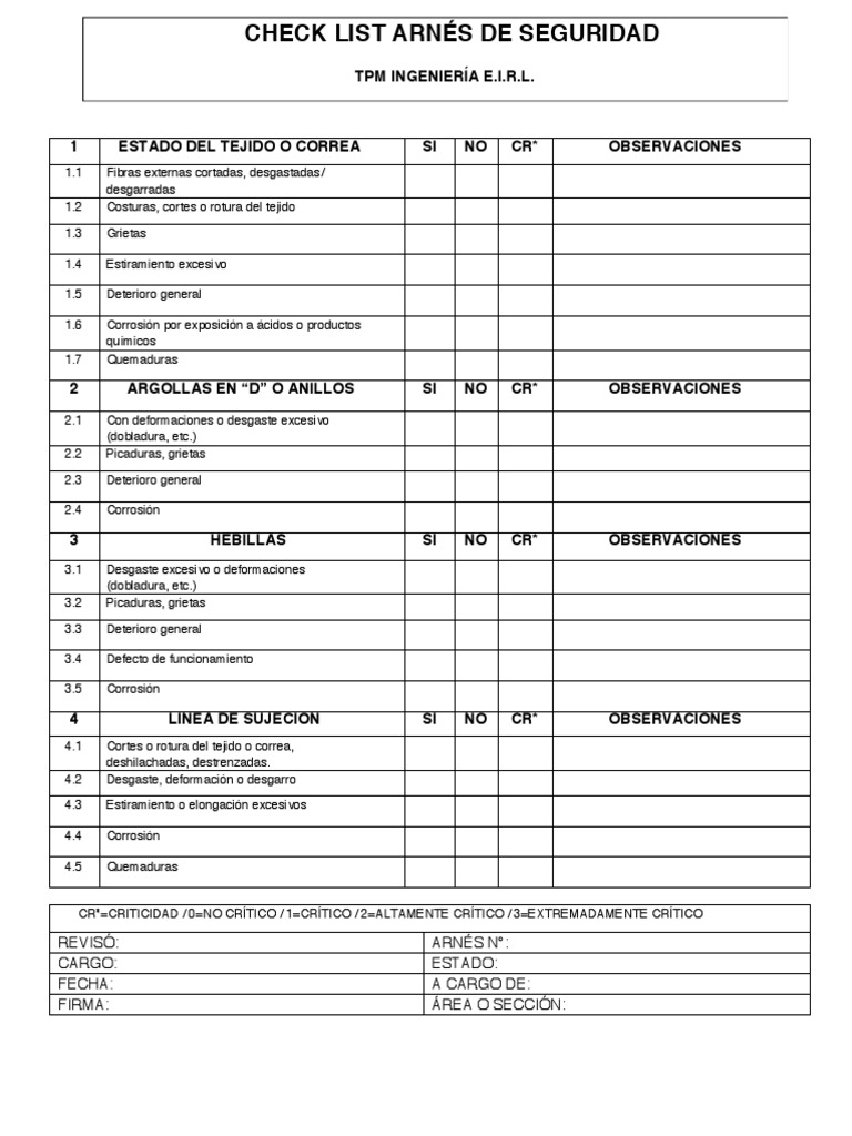 Check List - Arnés de Seguridad (TPM.2016) | PDF