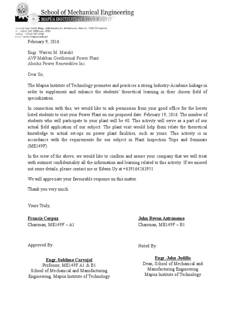 Plant Visit Request Letter to Makban | Nature | Science And Technology