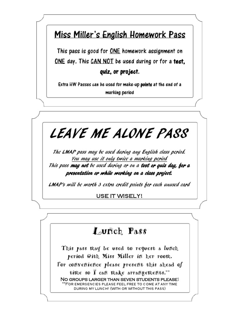 Miss Miller's Homework and Lunch Passes | PDF