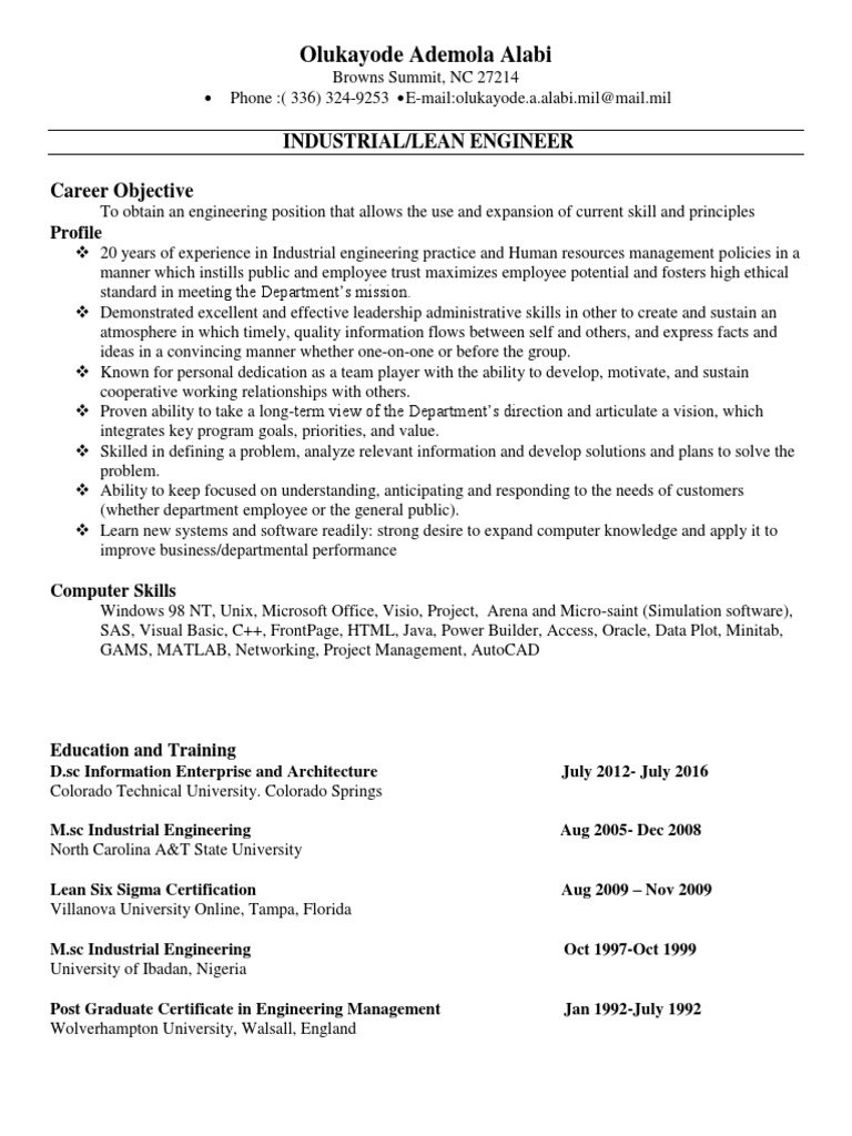 Industrial Engineer in DMV DE PA NJ Resume Olukayode Ademola Alabi ...