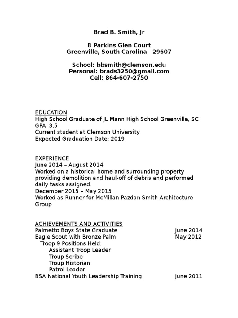 Clemson Student's Resume Highlights | PDF | Career & Growth | Sports ...