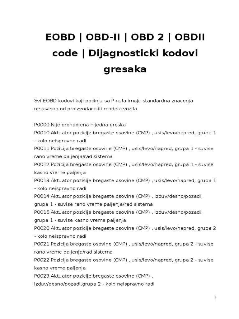 Dijagnosticki Kodovi Gresaka | PDF