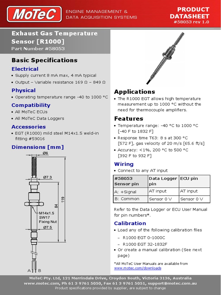MoTeC R1000 EGT Sensor Datasheet | PDF