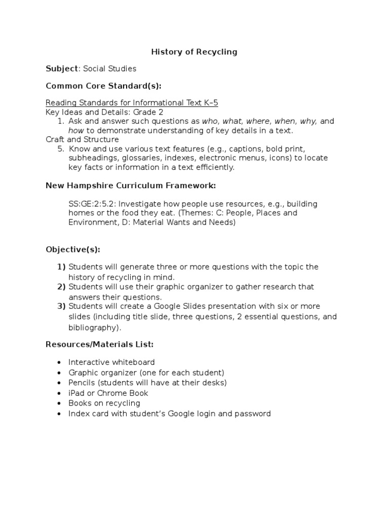 History of Recycling Lesson Plan | PDF | Lesson Plan | Educational ...