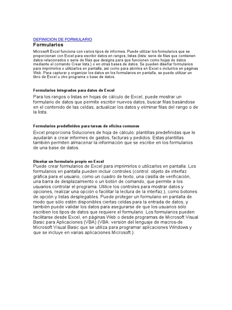 Definicion de Formulario | PDF | Hoja de cálculo | Microsoft Excel