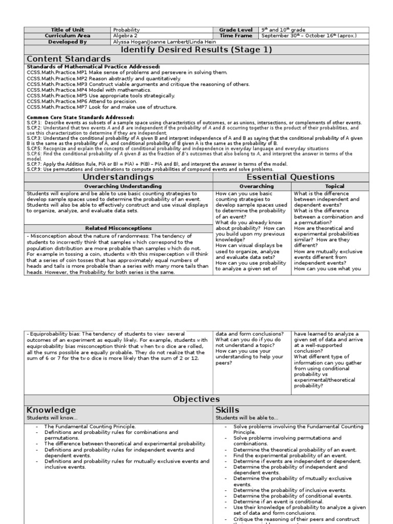 Algebra II Probability Unit Plan Hogan | PDF | Probability ...