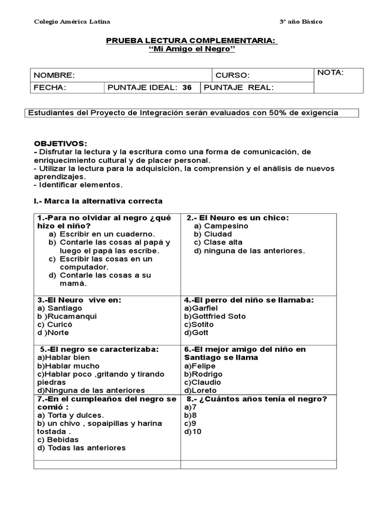 Prueba de lectura: Mi amigo el negro | PDF | Juegos y actividades ...