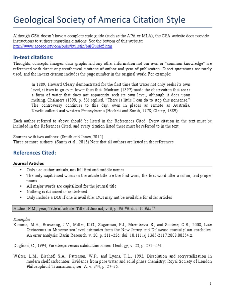 Geological Society of America Citation Style | Citation | Geology