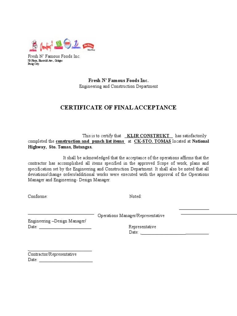 Cert of Final Acceptance-Ck Sto - Tomas | PDF | Business | Technology ...