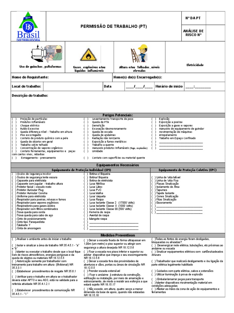 PT - PERMISSÃO DE TRABALHO.doc | Eletricidade | Natureza