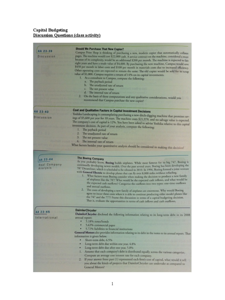 Capital Budgeting Discussion Questions (Class Activity) | PDF | Finance ...