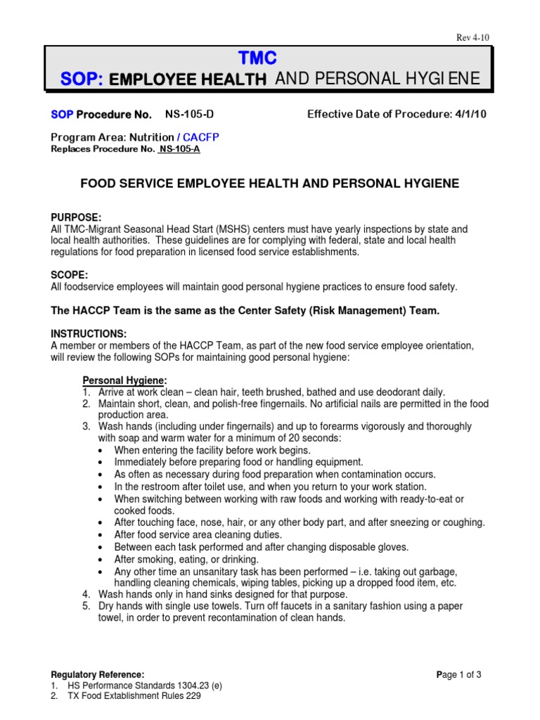 SOP Emp Health Hygiene Rev4 10 | Download Free PDF | Hygiene | Hazard ...