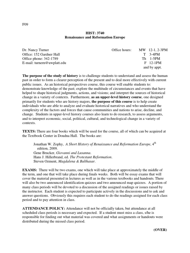 Renaissance Reformation Euro F09 | PDF | Quiz | Test (Assessment)