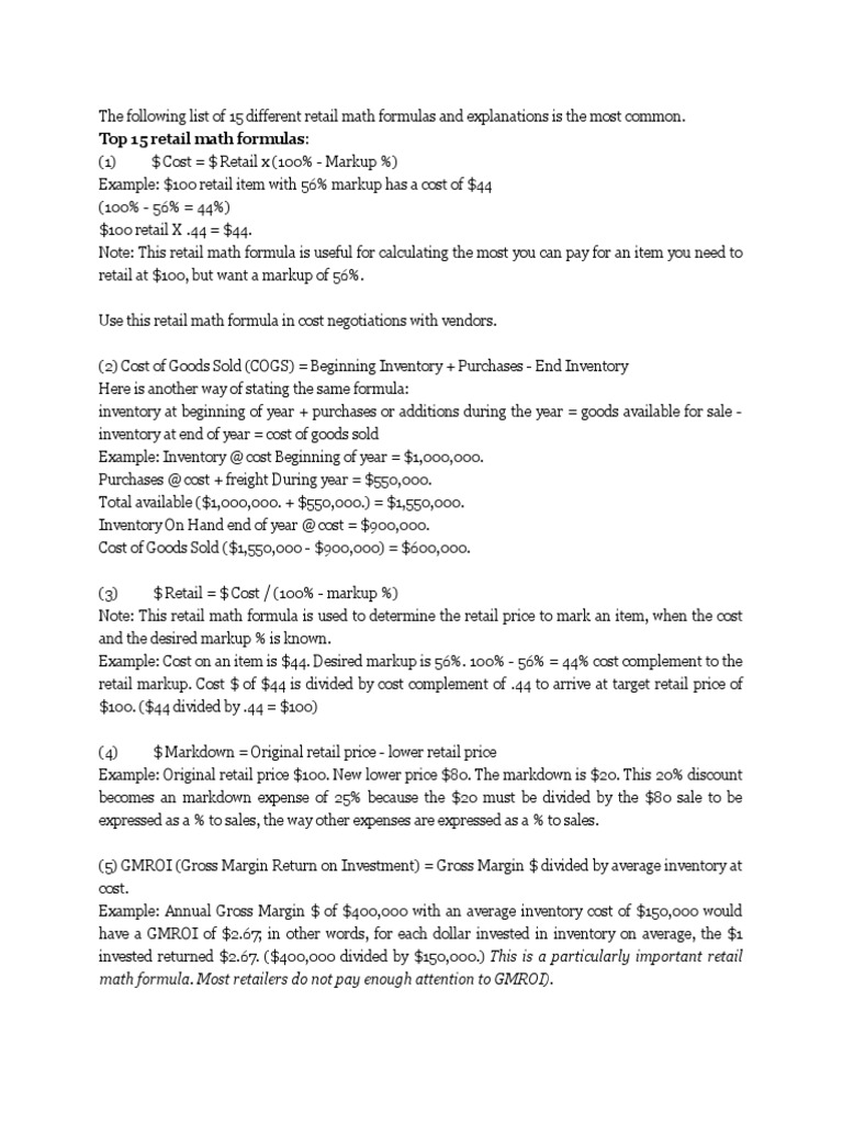Retail Formulas | PDF | Gross Margin | Inventory