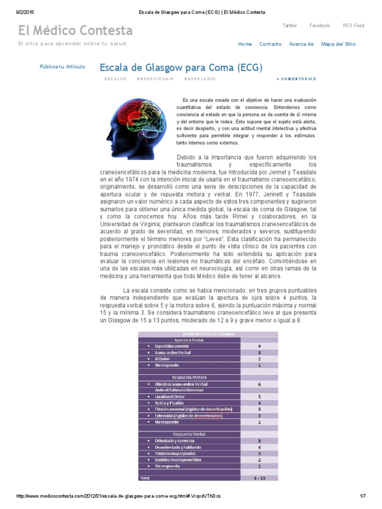 Escala de Glasgow para Coma: Guía Completa | PDF | Lesión cerebral ...
