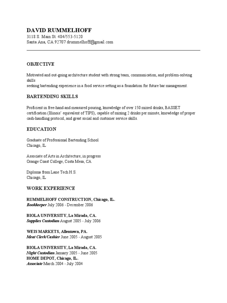 Bartending Resume of David Rummelhoff | PDF