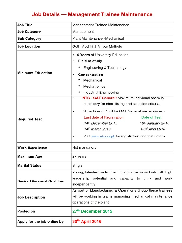 Management Trainee Maintenance Role | PDF