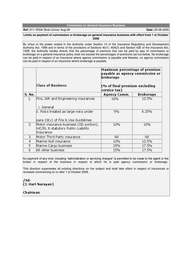 Commission Rates For General Insurance - Irda Cirular DT 28.08.2008 PDF ...