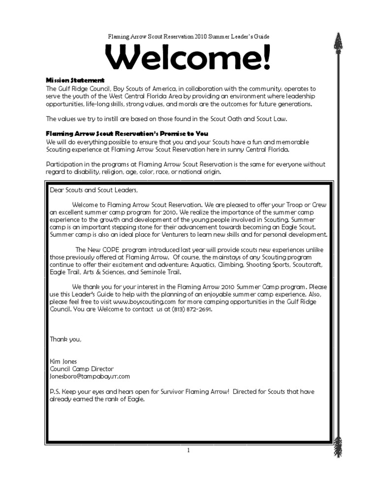 Flaming Arrow Scout Reservation Summer Camp Leaders Guide | PDF | Boy Scouts Of America | Camping