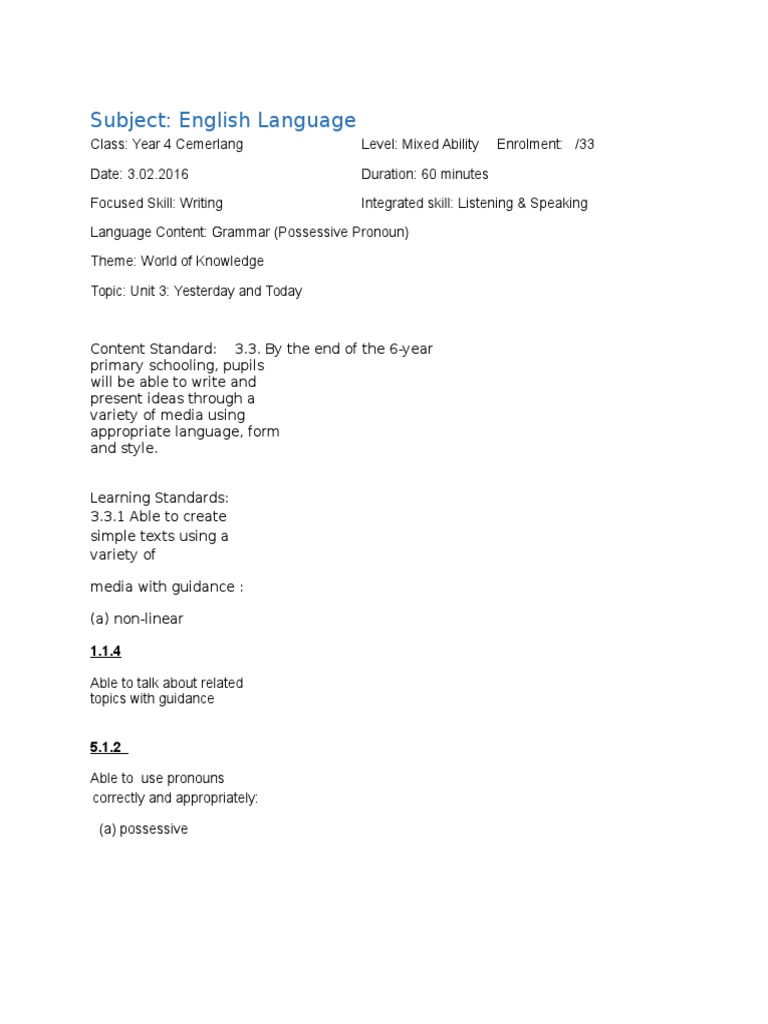 Lesson Plan Unit 3 Yesterday and Today Grammar (Wednesday) | PDF ...