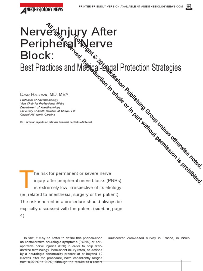 Nerve Injury After Peripheral Nerve Block:: Best Practices and Medical ...