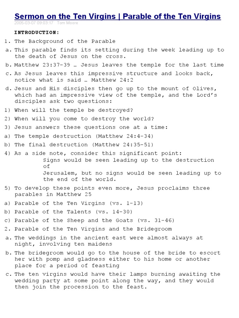 Sermon on the Ten Virgins - Parable of the Ten Virgins | Parables Of ...
