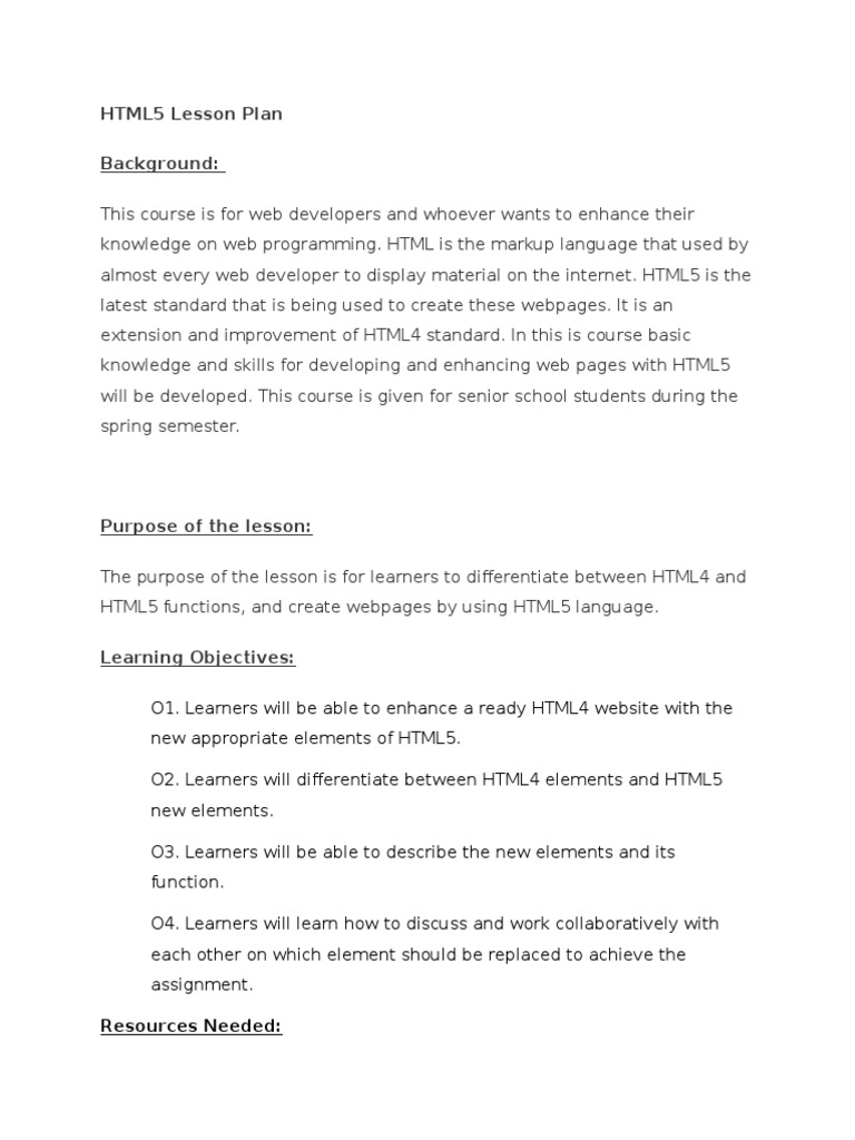 HTML5 Web Development Lesson Plan | PDF | Business | Computers