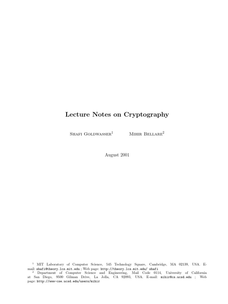 Lecture Notes On Cryptography by Shafi Goldwasser, Mihir Bellare | PDF ...