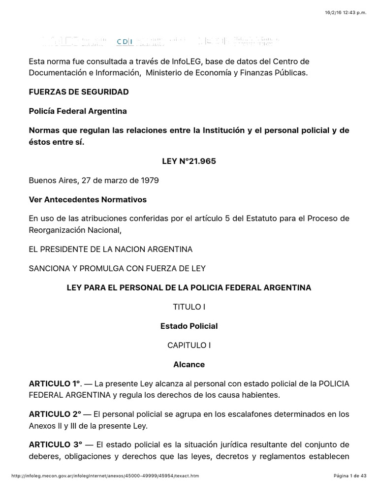 Ley 21.965 - Organica de La PFA | PDF | Policía | Regulación