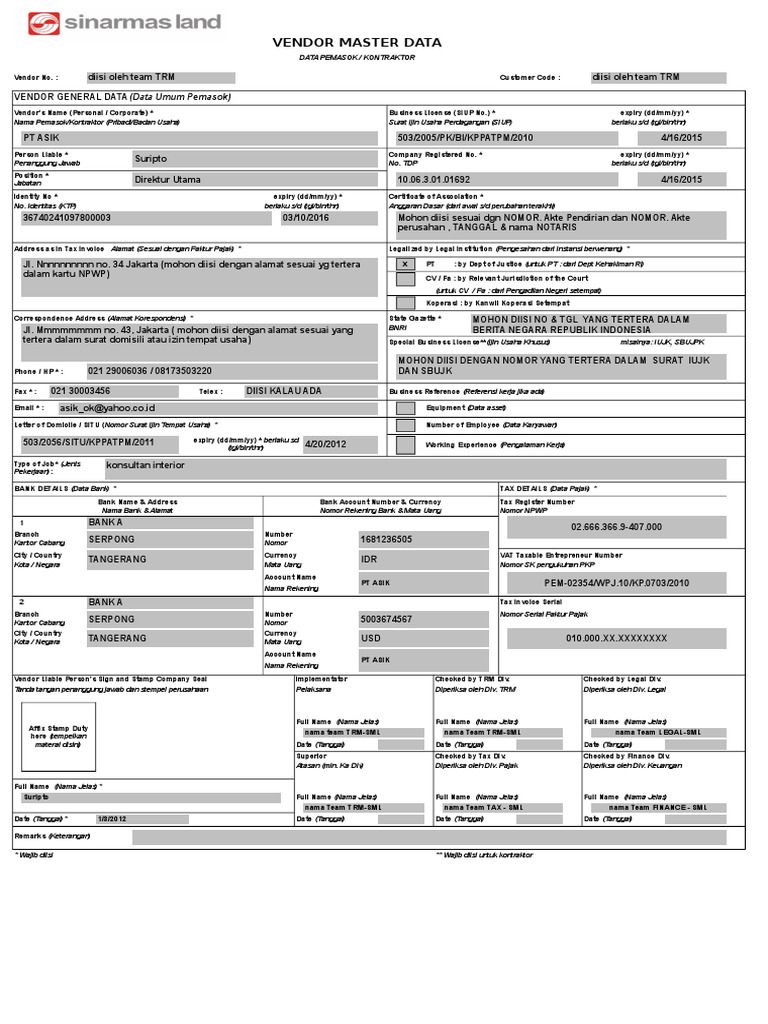 Formulir Data Master Vendor | PDF | Bisnis | Pengelolaan Keuangan & Uang