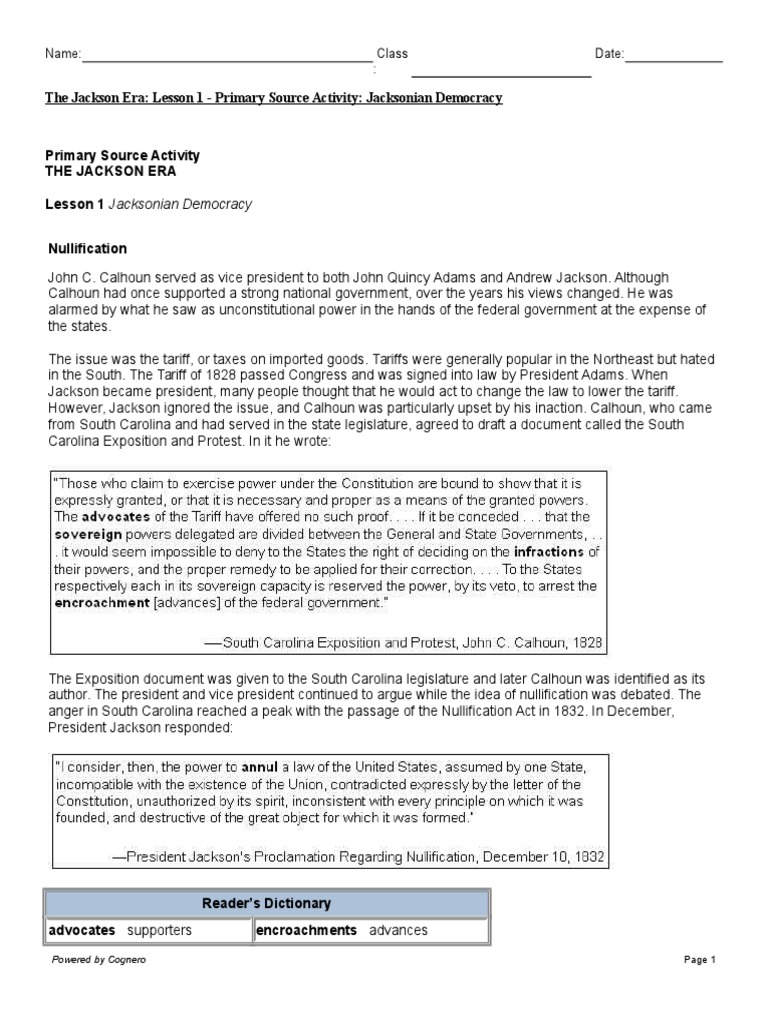 The Jackson Era Lesson 1 Primary Source Activity Jacksonian Democracy ...