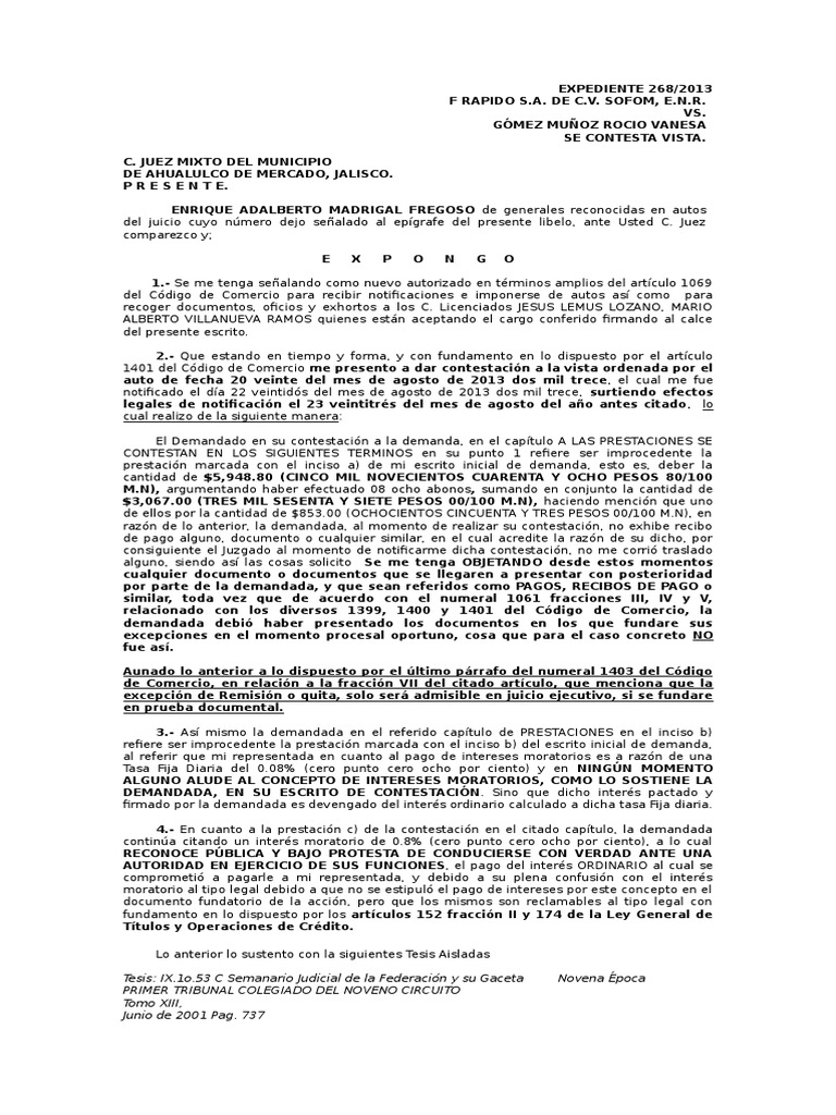 Contestacion Vista Mercantil Ejecutivo Evidencia Ley Pagos