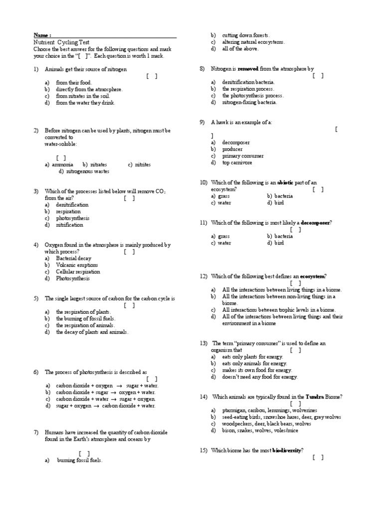 Ecology Unit Test | PDF | Carbon Dioxide | Food Web