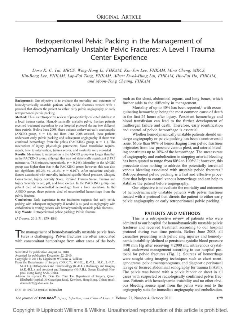 Retroperitoneal Pelvic Packing in The Management of Hemodynamically ...