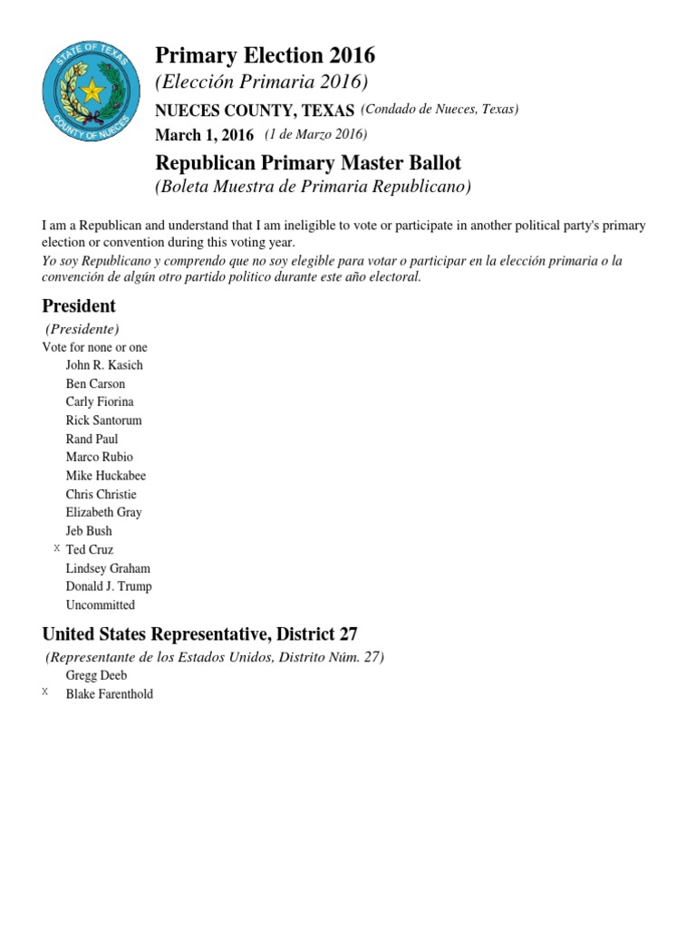 Nueces County Republican Primary Master Ballot | PDF | Judge ...