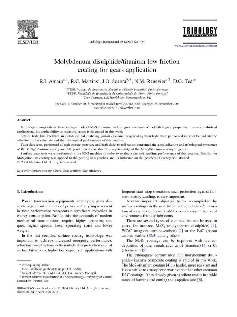Molybdenum Disulphide-Titanium Low Friction | PDF | Transmission ...