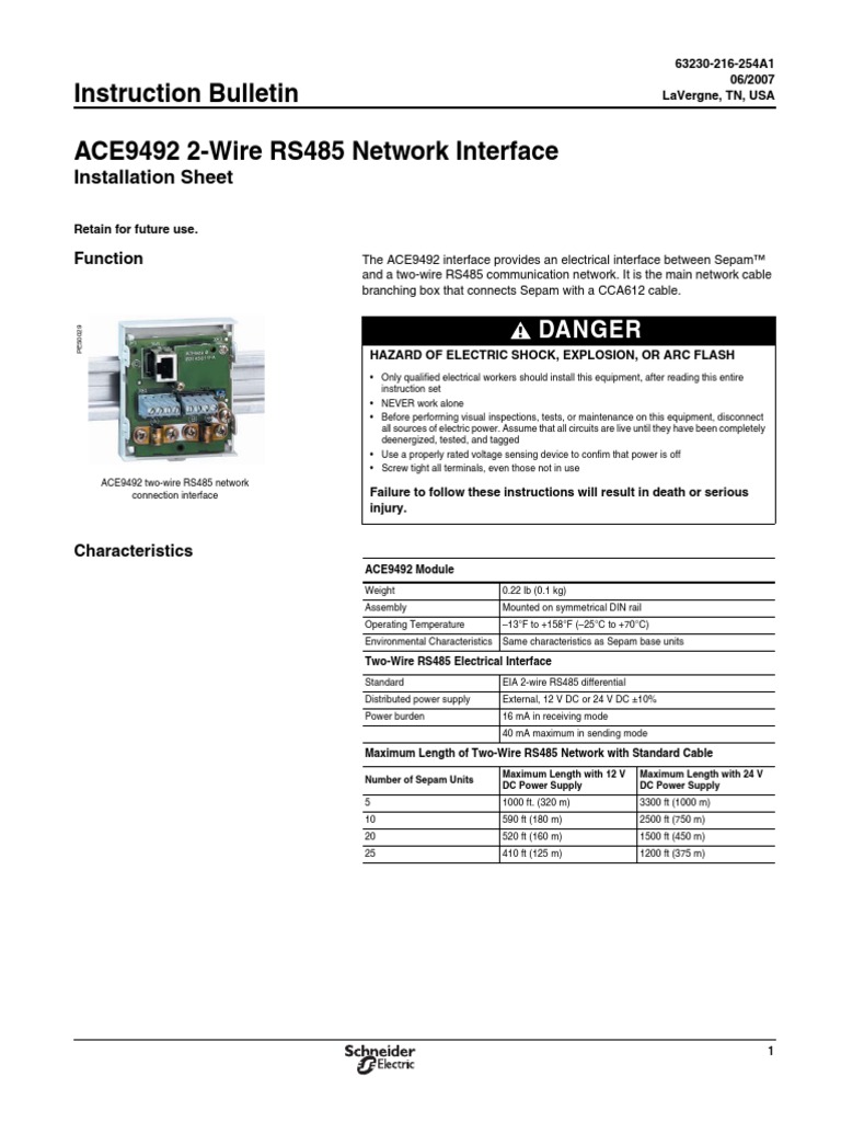 Instruction Bulletin ACE9492 2-Wire RS485 Network Interface ...