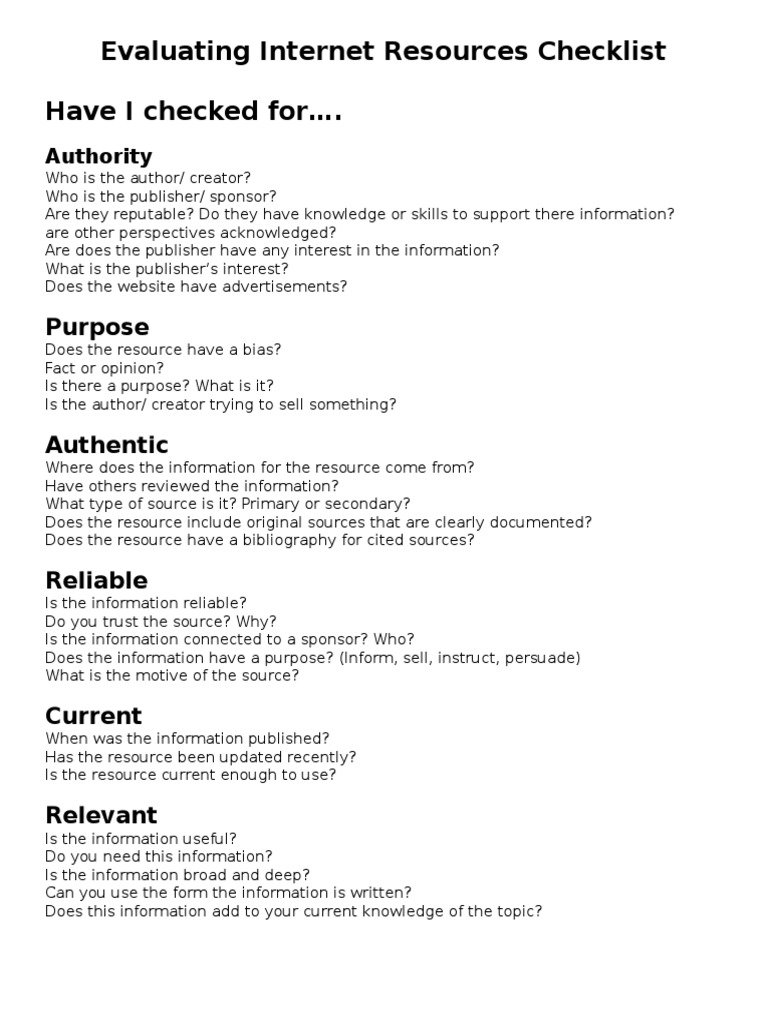 Internet Resource Evaluation Checklist | PDF | Psychological Concepts ...