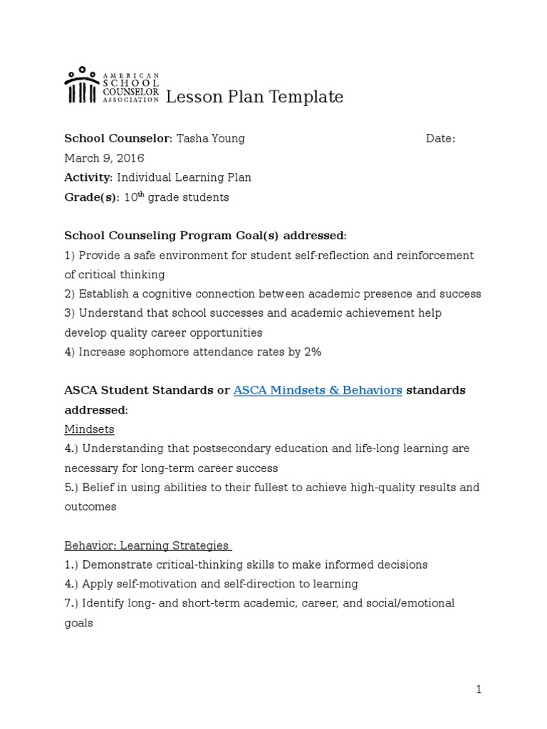 ASCA Lesson Plan Personal Social | PDF