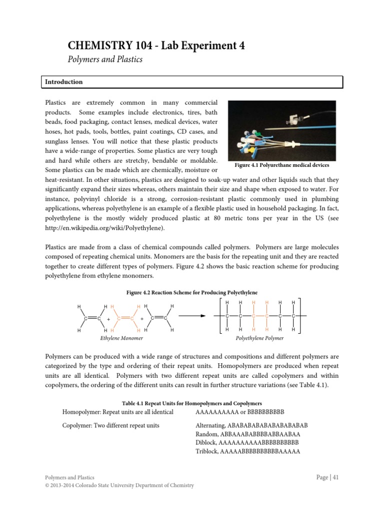 CHEMISTRY 104 - Lab Experiment 4: Polymers and Plastics | PDF ...