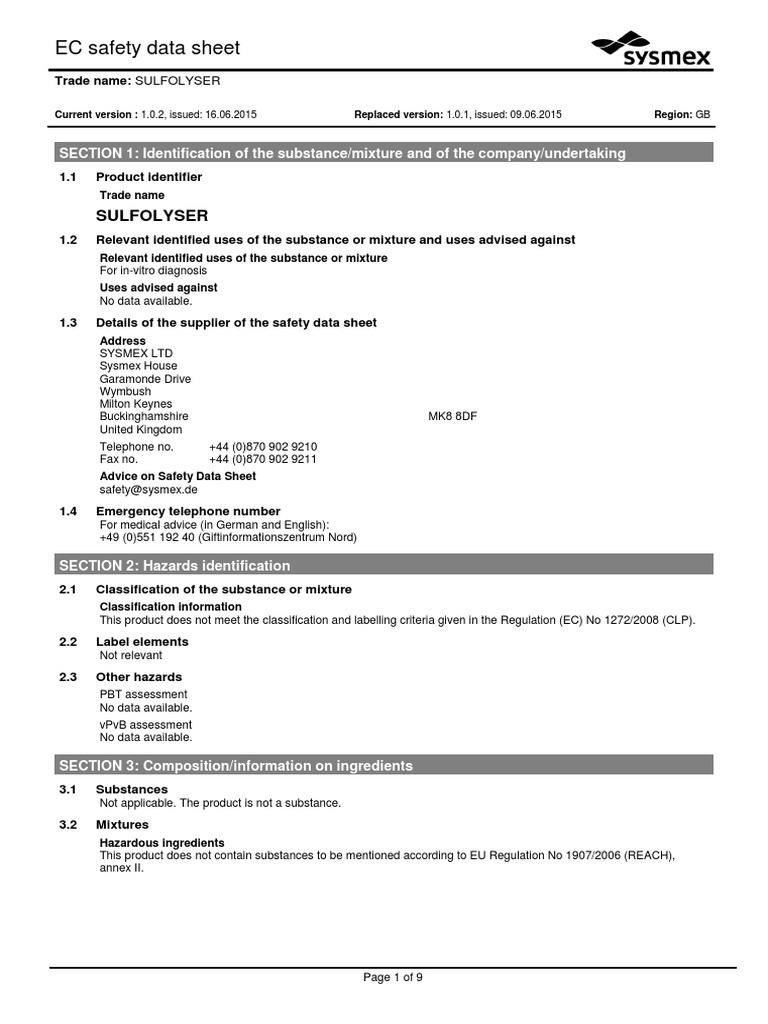 EC Safety Data Sheet: Sulfolyser | PDF | Safety | Chemistry