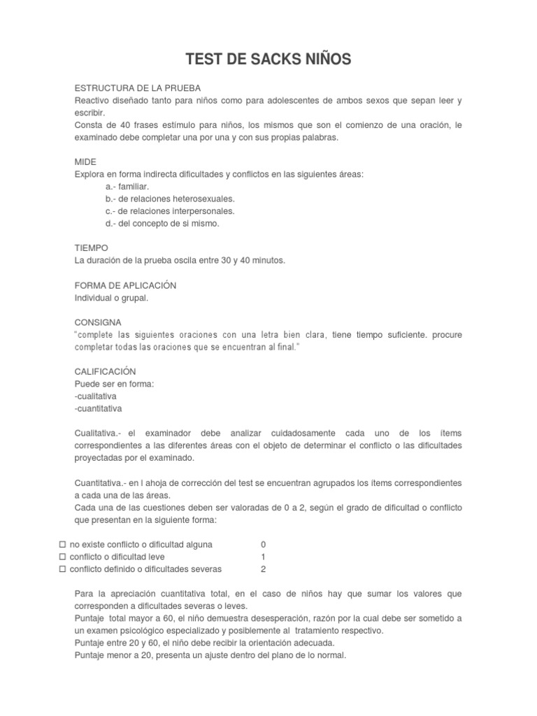Test de Sacks Niños | PDF